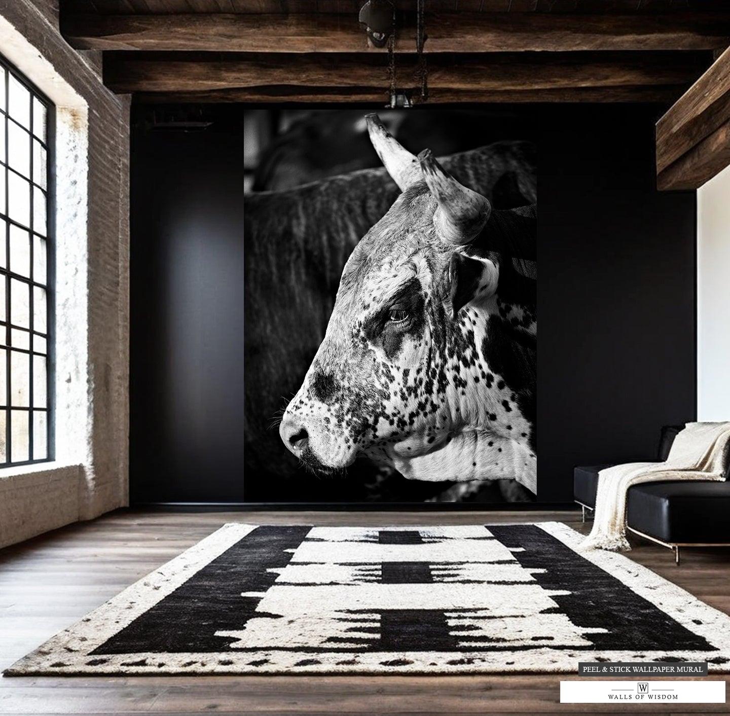Rodeo Bull Close-Up Mural - High Contrast Black & White Wallpaper for ...