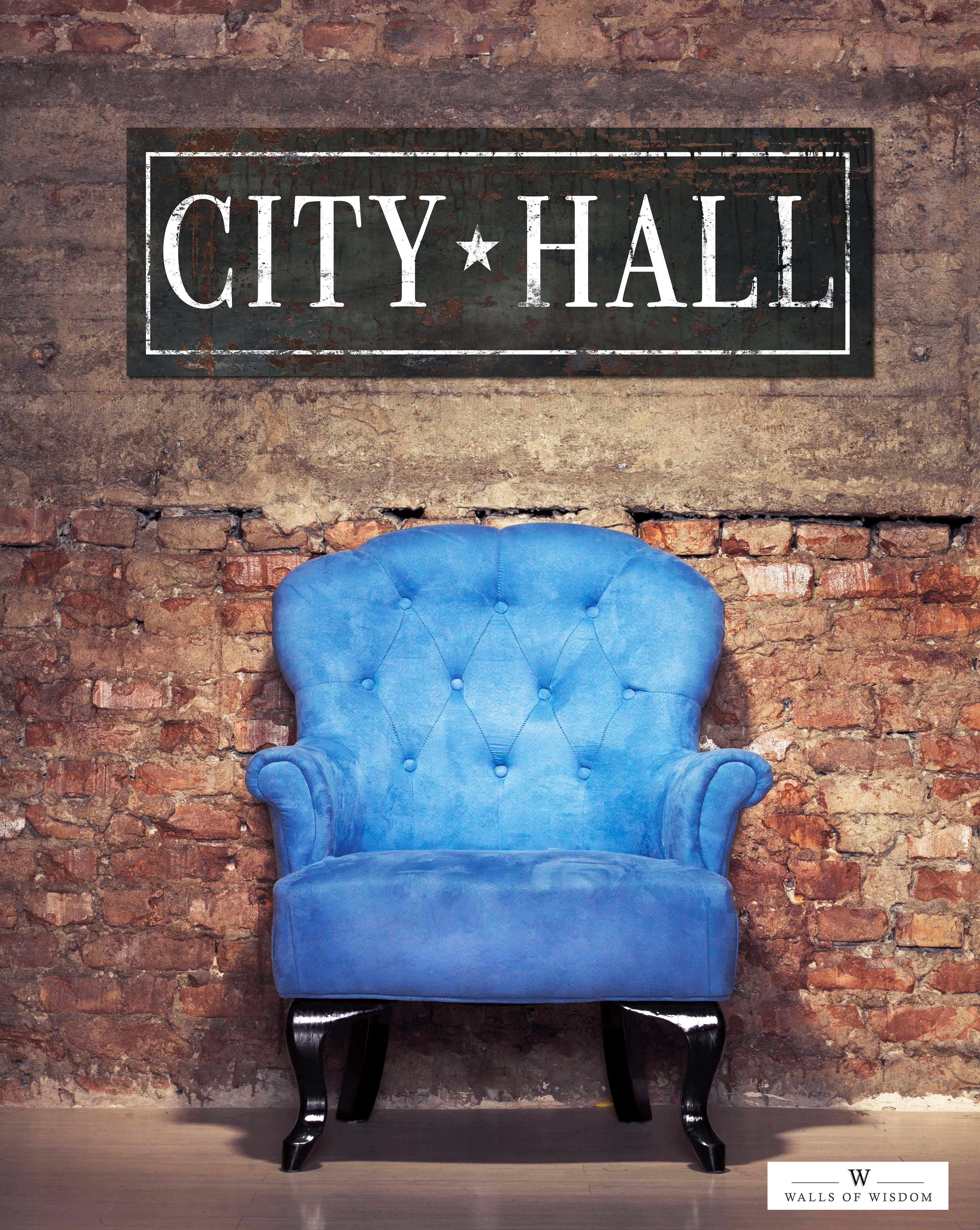 City Hall Weathered Canvas Sign - Old Style Town Hall Living Area Wall ...