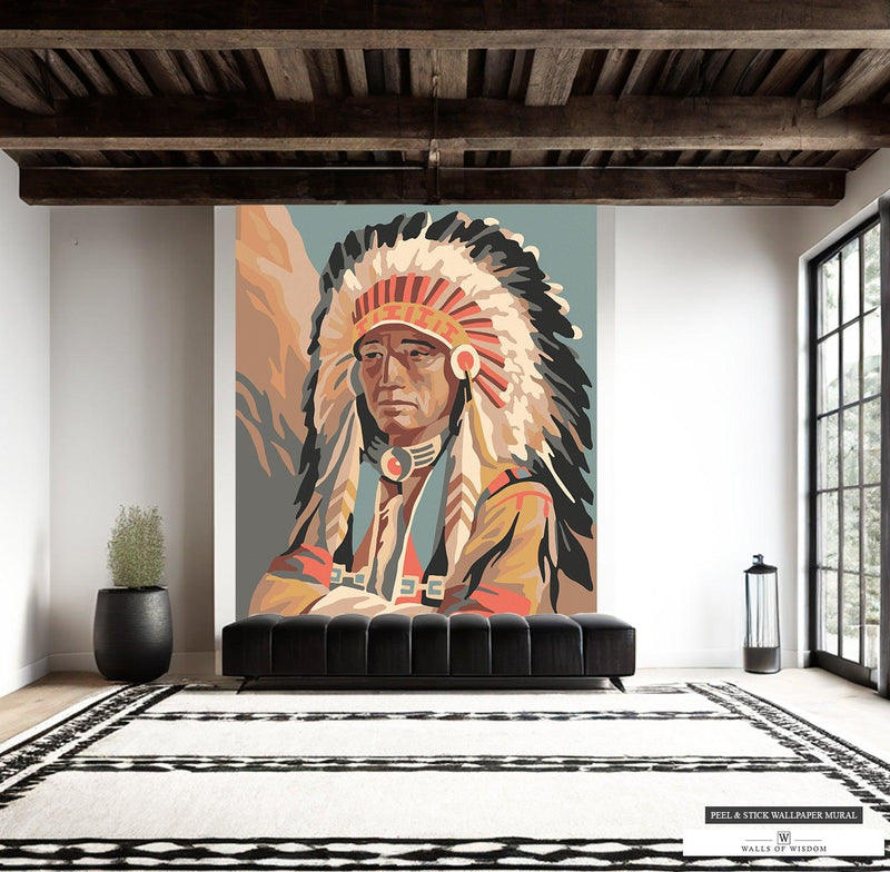 Native American Headdress Wall Mural - Earth Tone Tribal Art, Peel & S ...