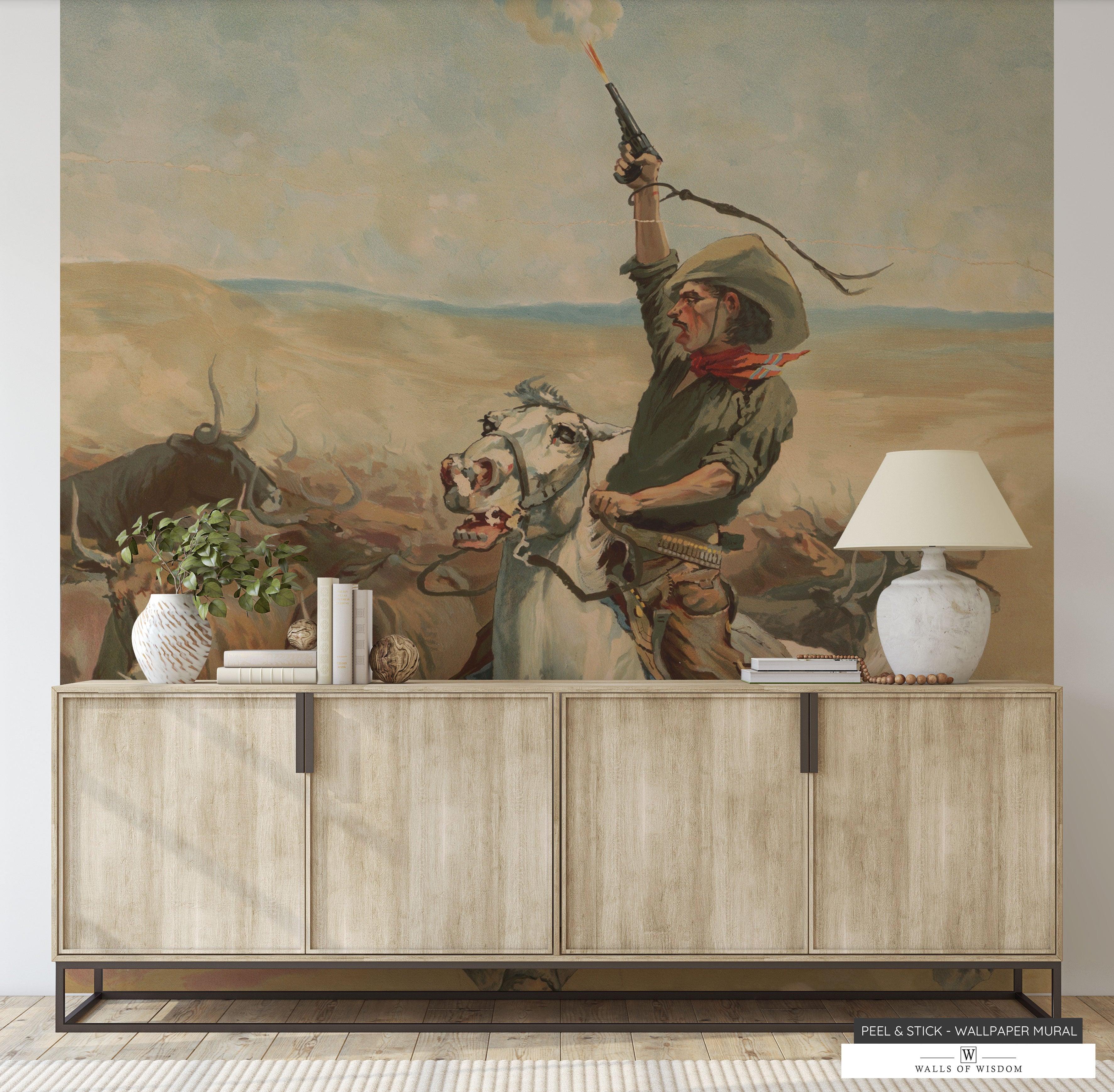 Heading a Stampede’ Lux Western Mural: Cowboy & Bulls in Earth Tones P ...
