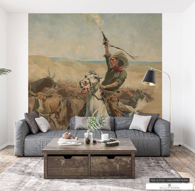 Heading a Stampede’ Lux Western Mural: Cowboy & Bulls in Earth Tones P ...