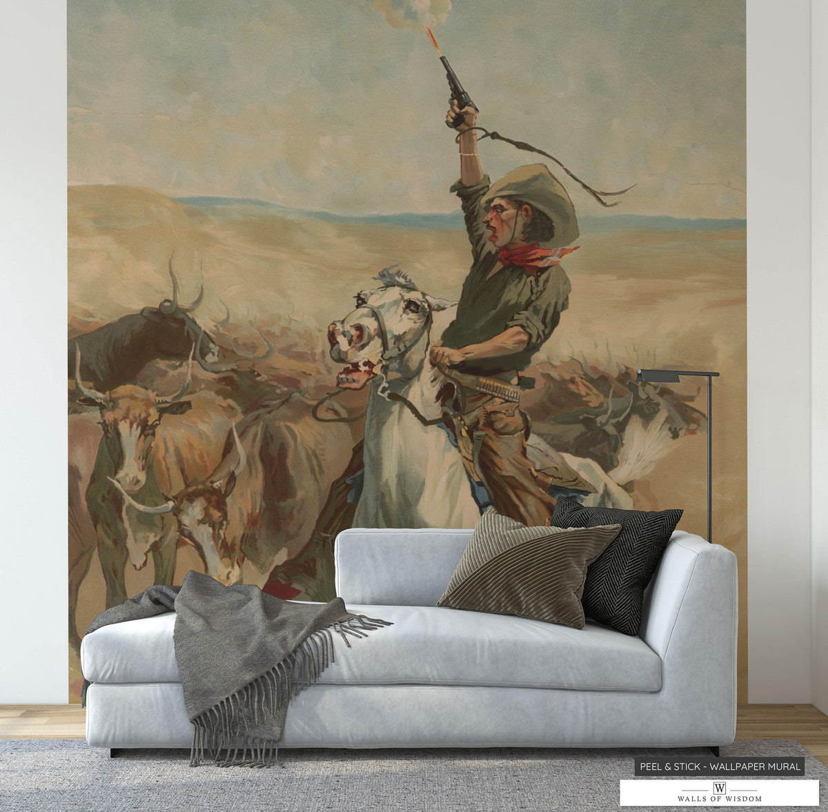 Heading a Stampede’ Lux Western Mural: Cowboy & Bulls in Earth Tones P ...