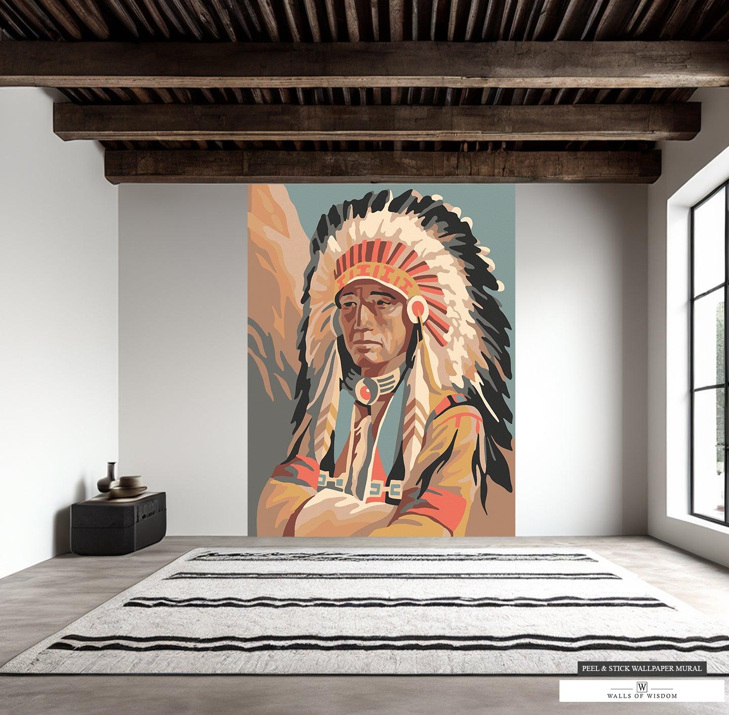 Native American Headdress Wall Mural - Earth Tone Tribal Art, Peel & S ...